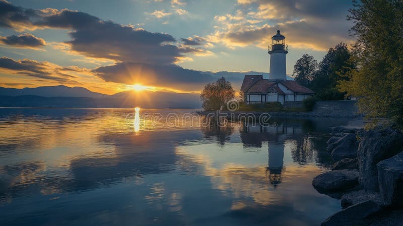 Lighthouse at Lake, Lake at Sunrise Stock Photo - Image of light ...