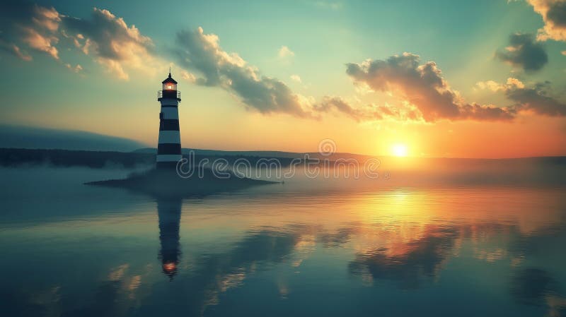 Lighthouse at Lake, Lake at Sunrise Stock Image - Image of summer ...