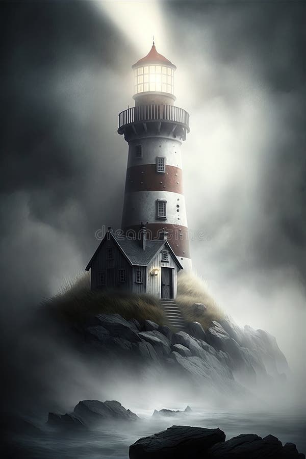 Lighthouse Landscape with Mist. Generative AI Stock Illustration ...