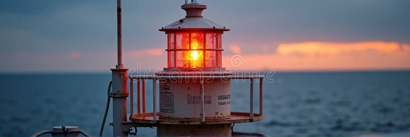 Lighthouse Lantern Glowing at Sunset by the Ocean Stock Photo - Image ...