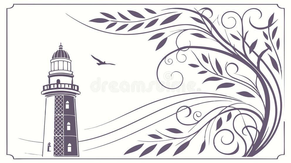 Lighthouse and Leafy Branches in a Minimalist Frame Vector, Vector ...