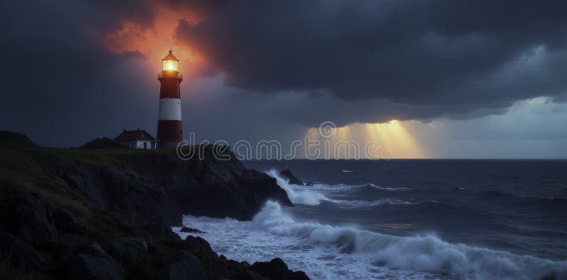 Lighthouse Light Shining through Stormy Weather, Storm, Weather Stock ...