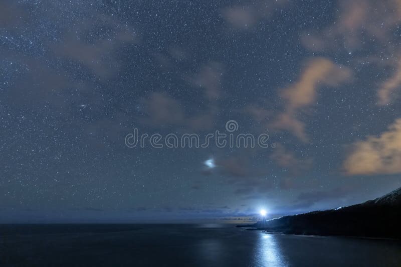 Lighthouse Lightning Under the Dark Night with Stars Stock Photo ...