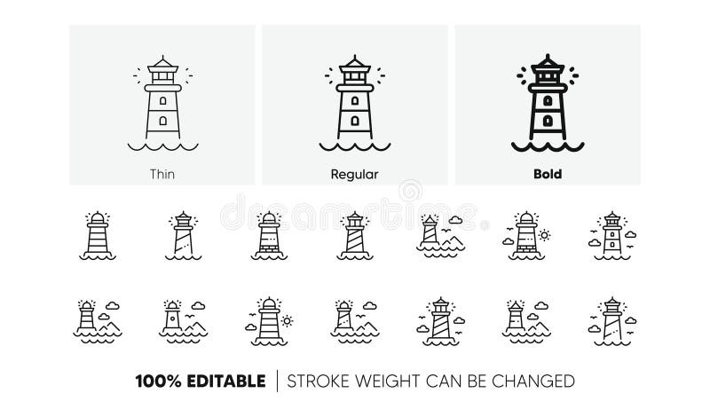 Lighthouse Line Icons. Searchlight Tower with Seagull for Marine ...
