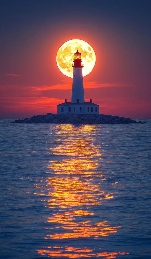 A Lighthouse is Lit Up by the Moon and the Sun Stock Photo - Image of ...