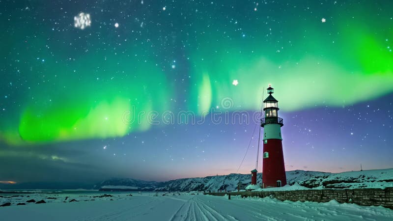 A Lighthouse is Lit Up in the Night Sky with a Beautiful Aurora ...