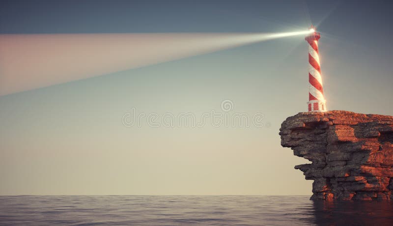 Lighthouse lit up on rocks stock illustration. Illustration of scenic ...