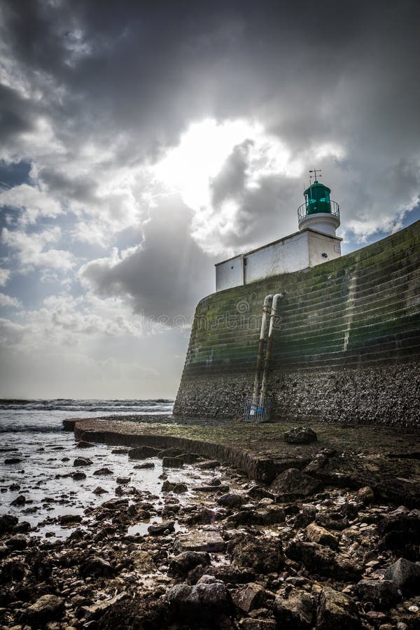 Green Lighthouse of the Jetty Stock Photo - Image of signaling, covered ...