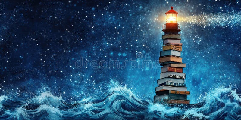 Lighthouse Made of Books Illuminates Ocean Waves Under Starry Night Sky ...