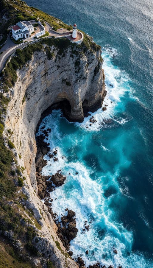 A Lighthouse on Majestic Cliffs Overlooking Turquoise Wave-Covered ...