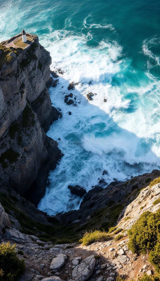 A Lighthouse on Majestic Cliffs Overlooking Turquoise Wave-Covered ...