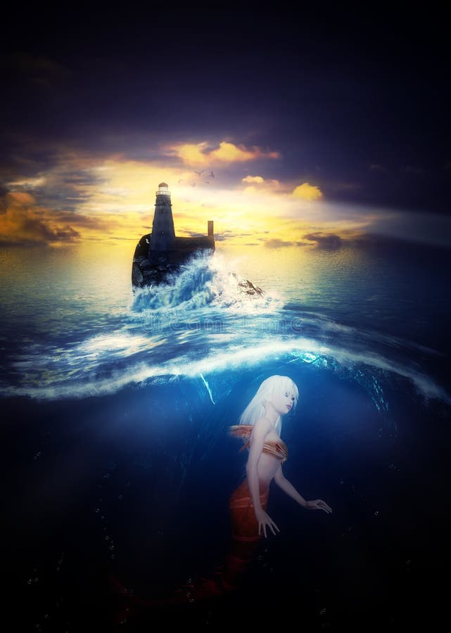 Lighthouse with Mermaid Underwater Scene Stock Illustration ...