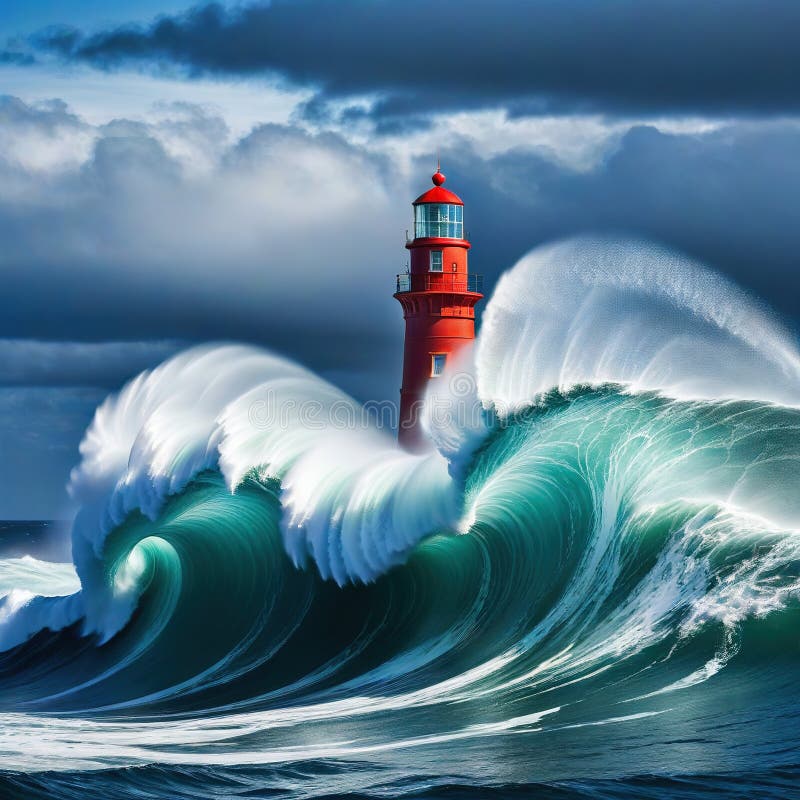 Lighthouse in the Middle of Large Wave in Stock Illustration ...
