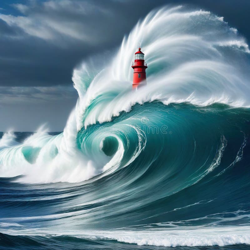 Lighthouse in the Middle of Large Wave in Stock Illustration ...