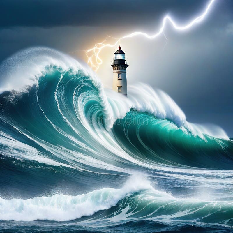 Lighthouse in the Middle of Large Wave in Stock Illustration ...