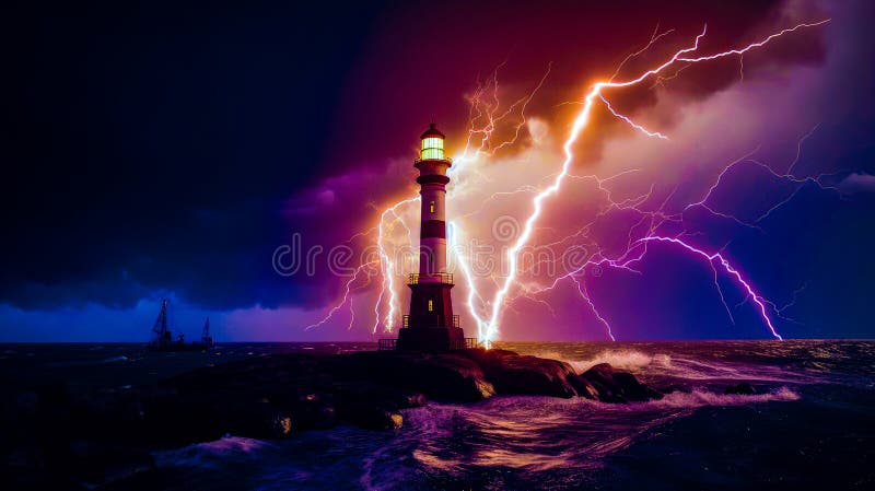 Lighthouse in the Middle of the Ocean with Lot of Lightning in the ...