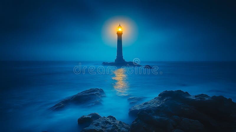 A Lighthouse in the Middle of the Ocean at Night Stock Image - Image of ...