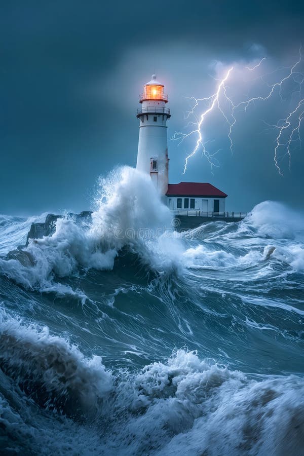 A Lighthouse in the Middle of a Stormy Ocean with a Lightning Bolt in ...