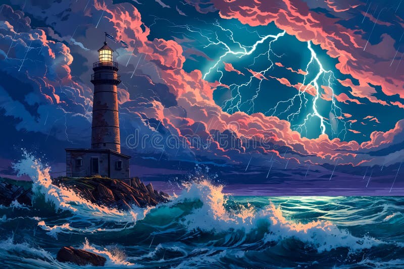 A Purple Sky with a Lightning Bolt Over the Ocean Stock Photo - Image ...