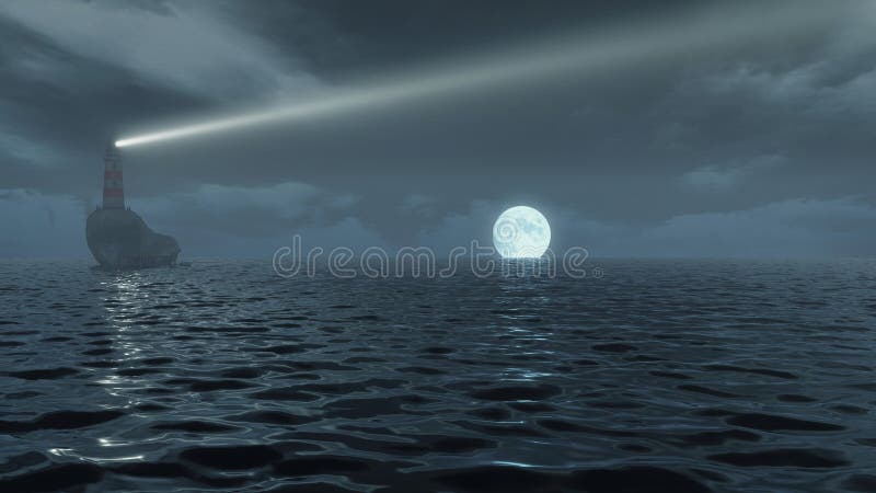 Lighthouse and Moon on the Horizon of the Endless Ocean at Night Stock ...