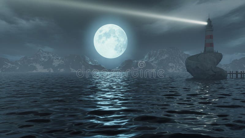 Lighthouse and Moon on the Horizon of the Endless Ocean at Night Stock ...