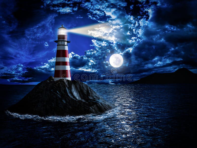Lighthouse at moonlight stock illustration. Illustration of navigation ...