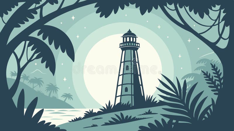 Lighthouse in Moonlit Forest, Mystical Coastal Light, Vector Design ...