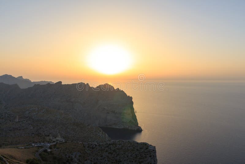 Majorca Lighthouse Mountain Sunset in Palma Island Stock Image - Image ...