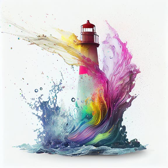 Lighthouse with Multicolored Paints Splash. AI Generative Stock ...