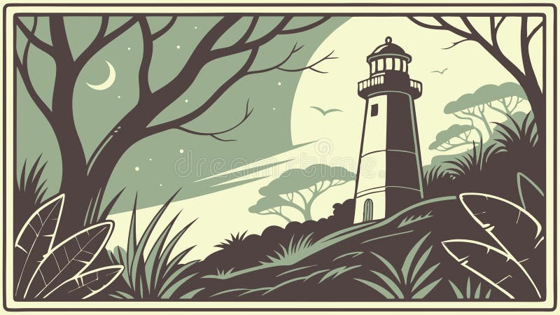 Lighthouse Nestled in Enchanted Forest Clearing, Vector Design ...