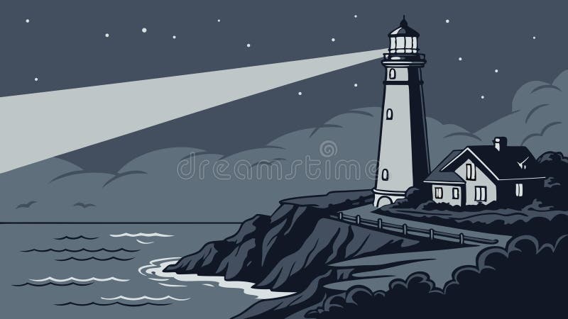 Lighthouse at Night Cliff, Nautical Beacon and Maritime Safety Vector ...