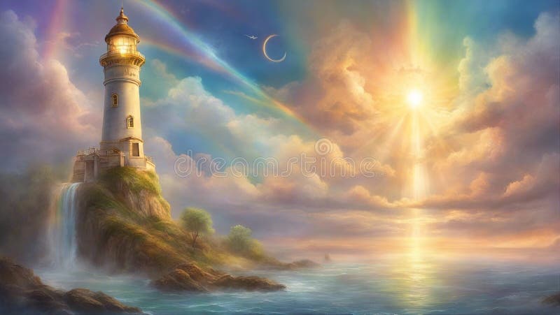 Lighthouse at Night a Fantasy Lighthouse in a Heavenly Sky, with Angels ...
