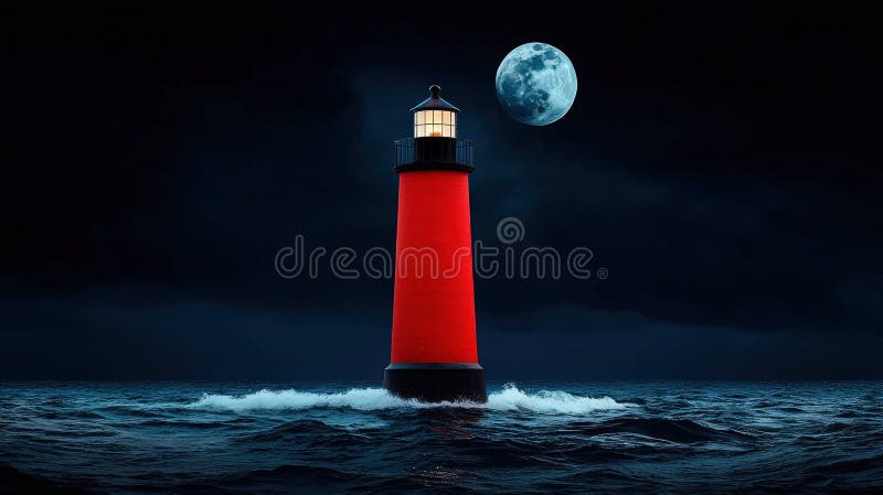 Lighthouse at Night with a Full Moon Shining Over Dark Ocean Waves ...