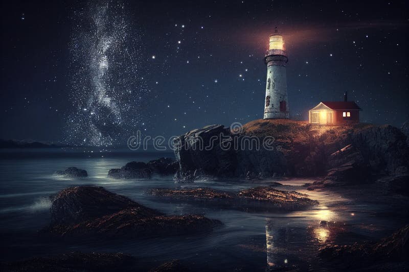 Lighthouse in the night stock illustration. Illustration of night ...