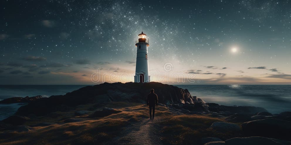 Lighthouse at night stock illustration. Illustration of reflection ...