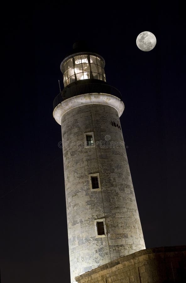 Lighthouse at Night with Moon Stock Photo - Image of moon, habana: 4262916