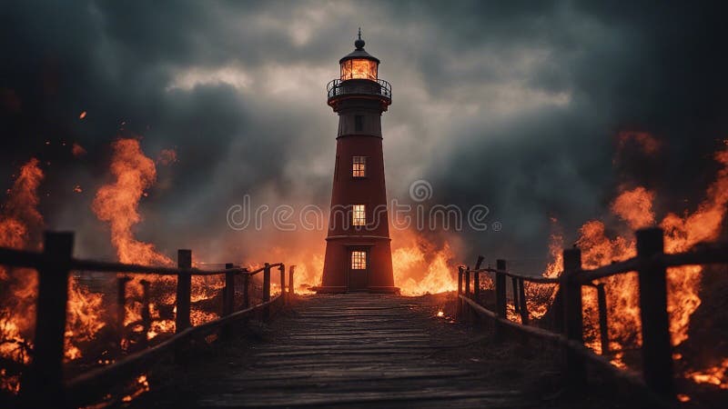 Lighthouse at Night a Scary Lighthouse in a Hellish Fire, with , Flames ...