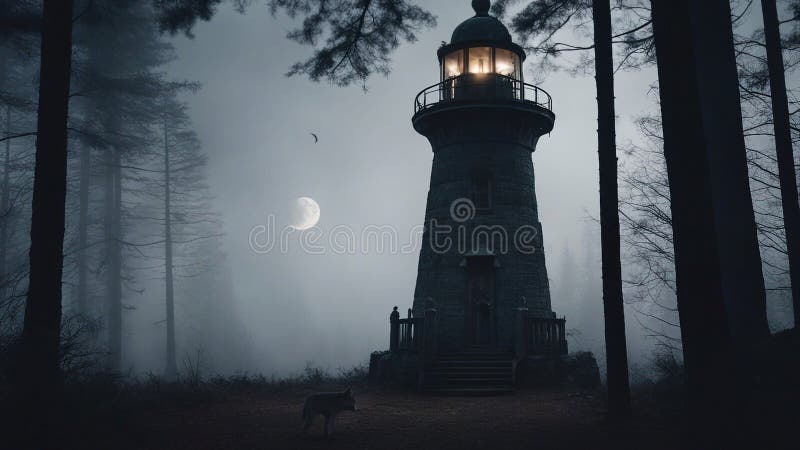 Lighthouse in the Night a Scary Lighthouse in a Dark Forest, Trees, and ...