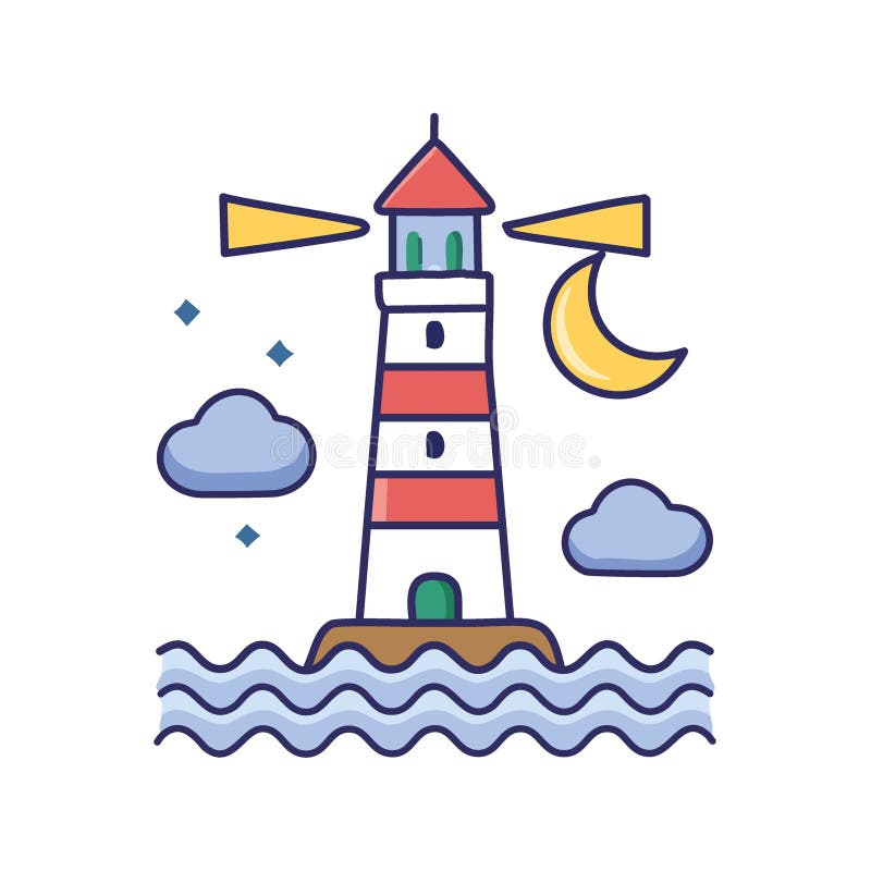 Lighthouse Night Scene. Lighthouse Standing Tall by the Sea Under a Crescent Moon, with Clouds ...
