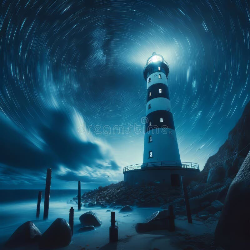 Lighthouse at Night with Starry Sky. Stock Illustration - Illustration ...