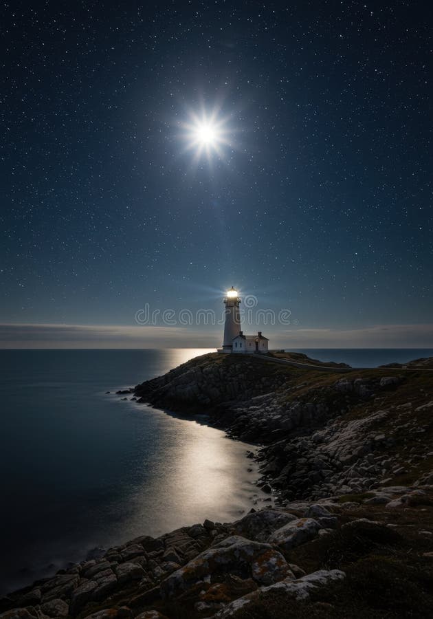 Lighthouse at Night Under Starry Sky and Bright Moon Stock Photo ...