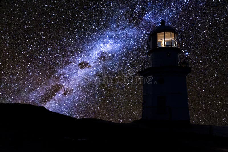Lighthouse at Night Under a Starry Sky. Milky Way. Stock Photo - Image ...