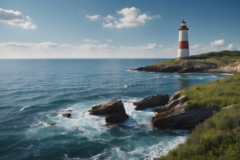 A Lighthouse in the Ocean with Clean Weather Stock Image - Image of ...