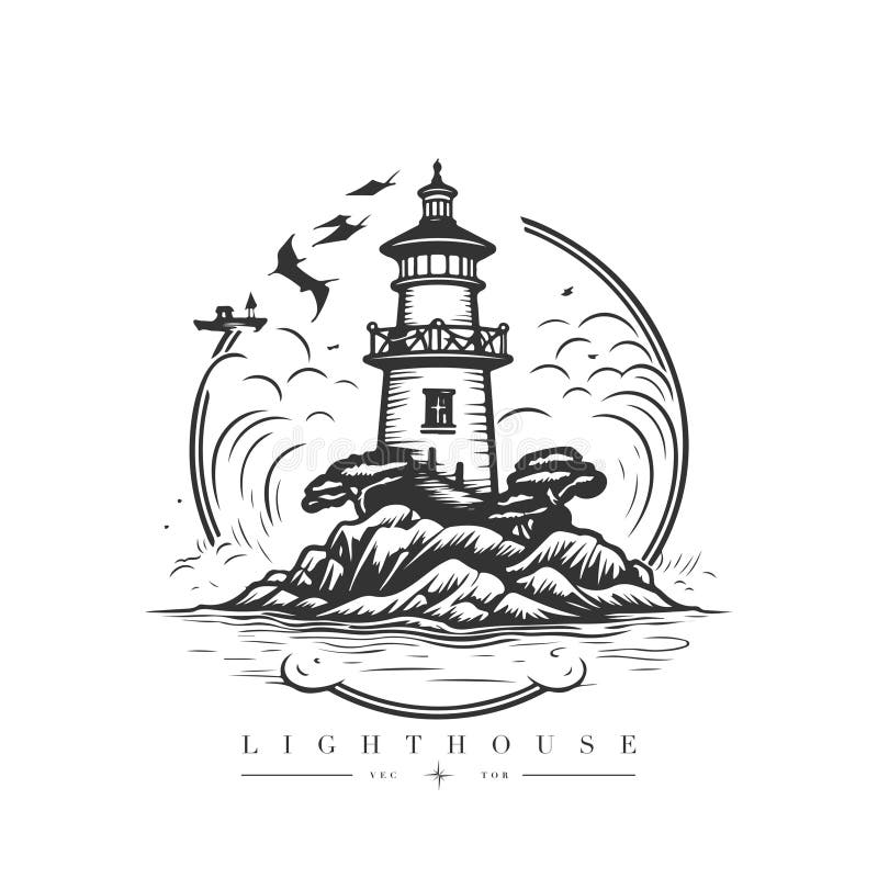 Lighthouse in the Ocean on the Small Rocky Island Vector Logo Emblem ...