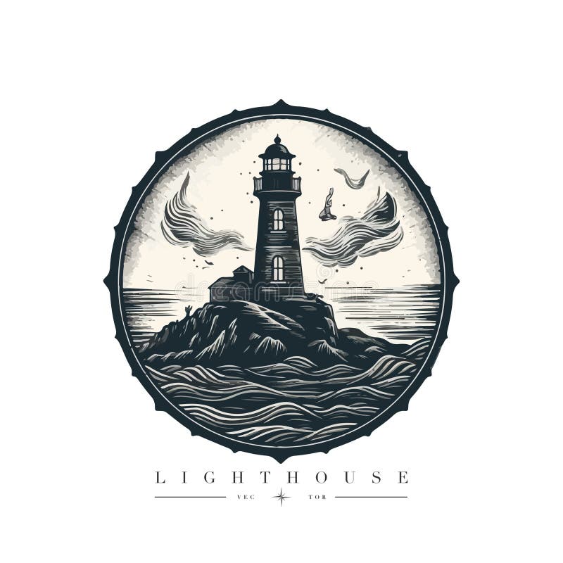 Lighthouse in the Ocean on the Small Rocky Island Vector Logo Emblem ...