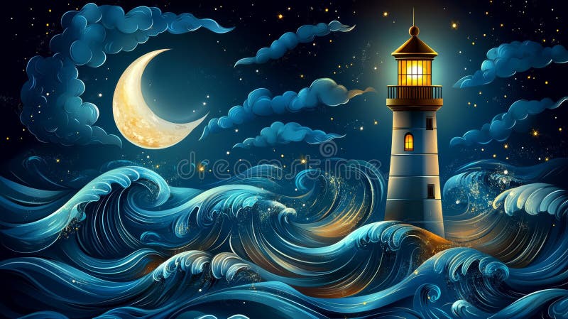 Lighthouse in the Ocean Under Starry Night with Gentle Waves Stock ...