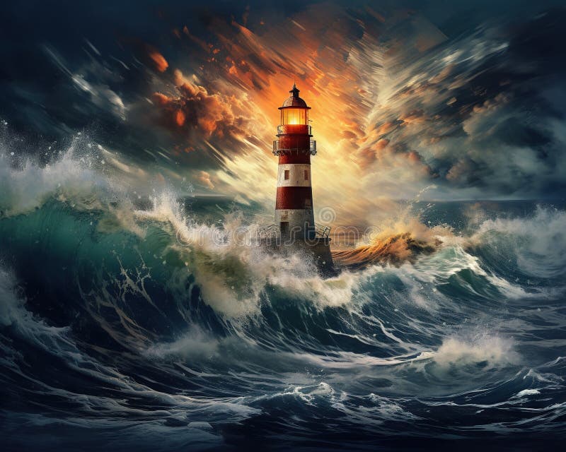 The Lighthouse Ocean Waves Storm Art Was Created by Technology. Stock ...