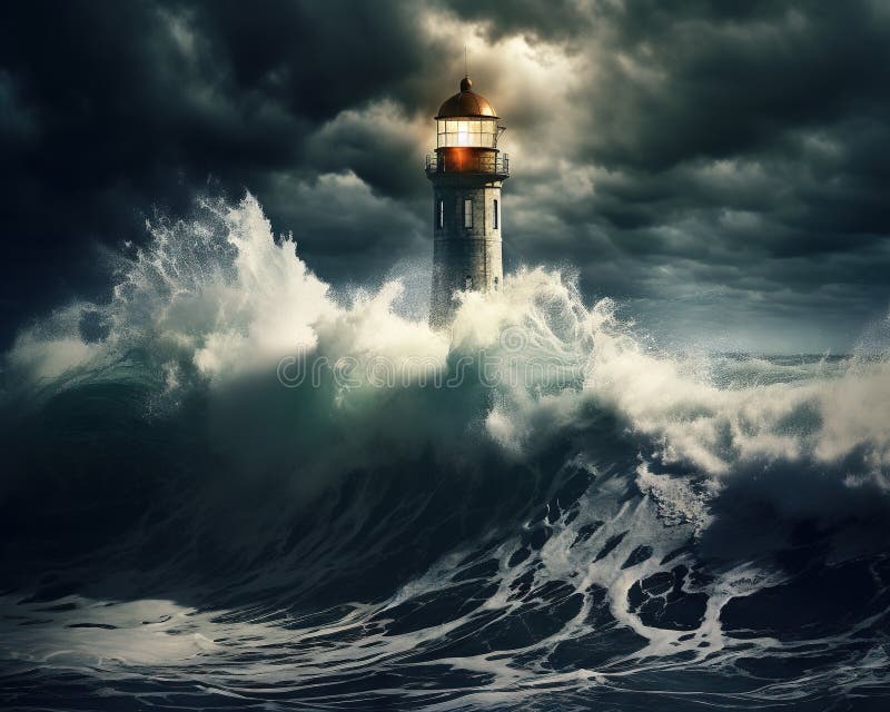 The Lighthouse Ocean Waves Storm Art Was Created by Technology. Stock ...