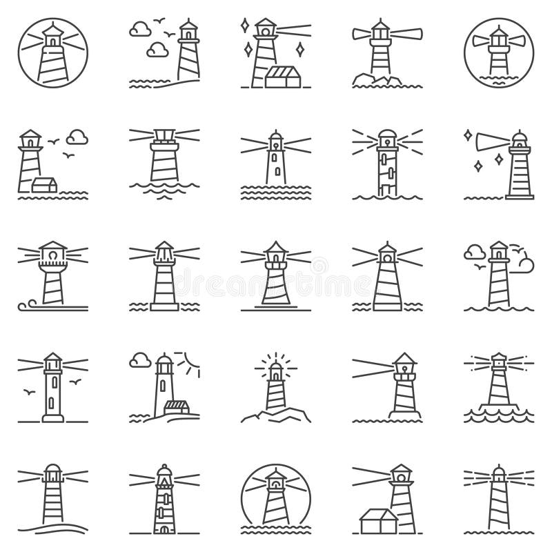 Lighthouse Outline Icons Set. Lighthouses Concept Vector Line Symbols ...