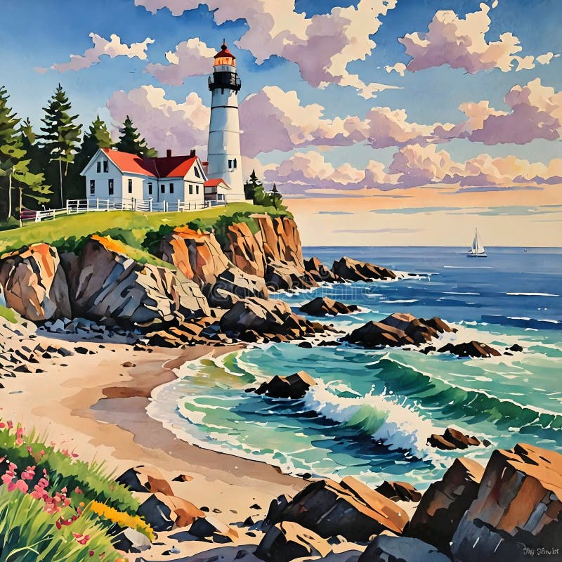 A Lighthouse Painting Featuring a Boat, Water, and Rocks. Stock ...